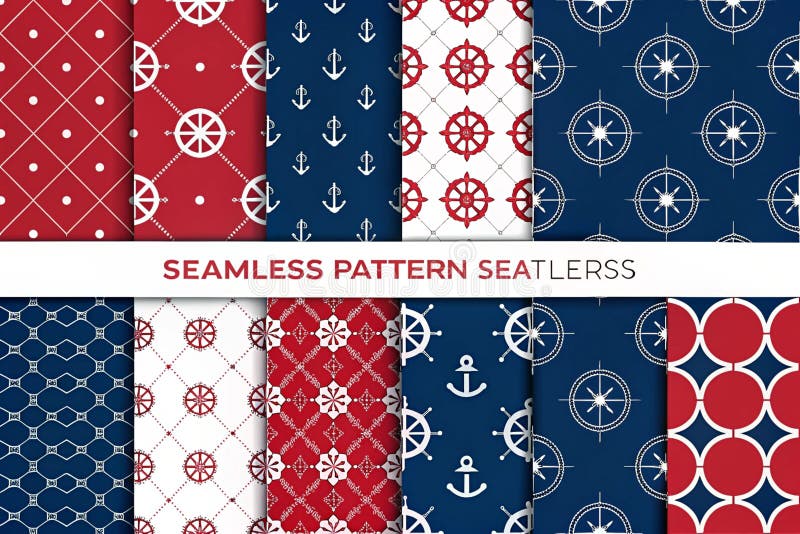 Navy Blue & Red Marine Nautical Pattern Set - Seamless Geometric Design (EPS 10 Stock ...