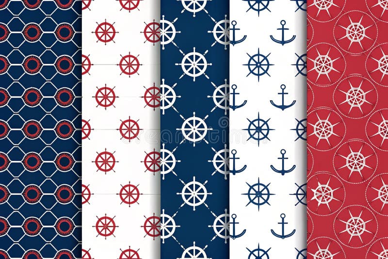 Navy Blue & Red Marine Nautical Pattern Set - Seamless Geometric Design (EPS 10 Stock ...