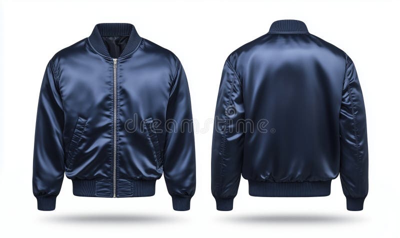 Navy Blue Satin Bomber Jacket Front and Back View for Fashion and ...