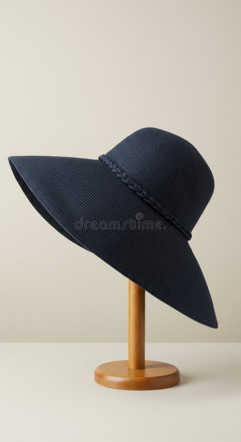 Navy Blue Wide Brim Straw Sun Hat on Wooden Display Stock Illustration ...