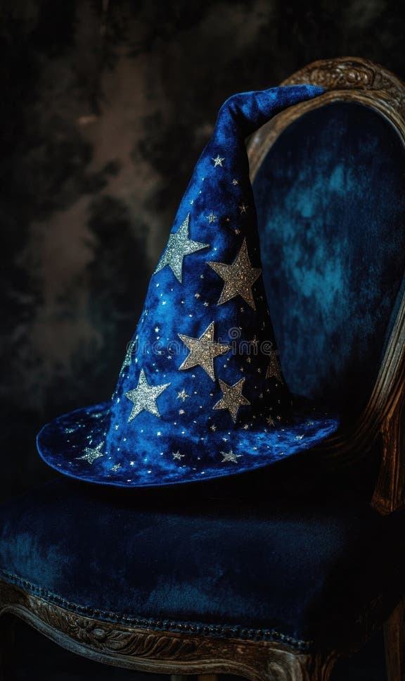 A Navy Blue Wizard Hat with Glowing Stars Stock Photo - Image of ...