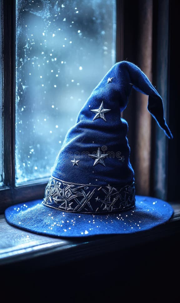 A Navy Blue Wizard Hat with Glowing Stars Stock Photo - Image of card ...