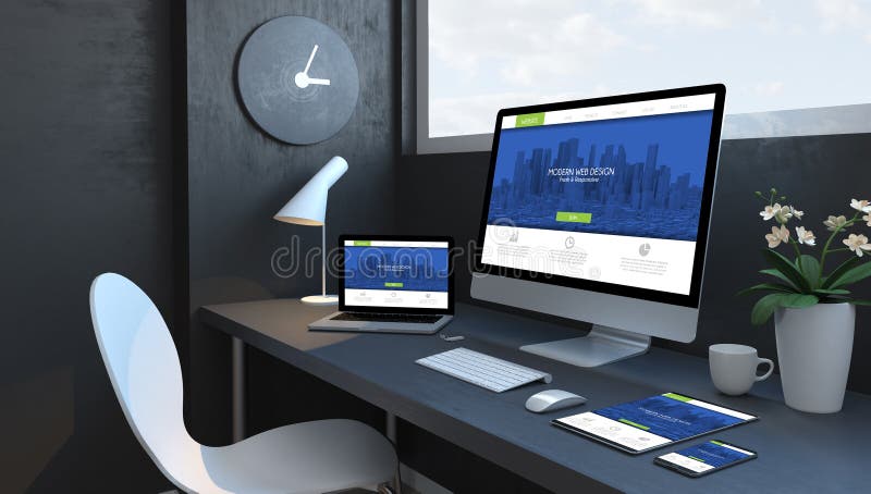 Navy Blue Workspace with Responsive Devices Modern Web Design Stock ...