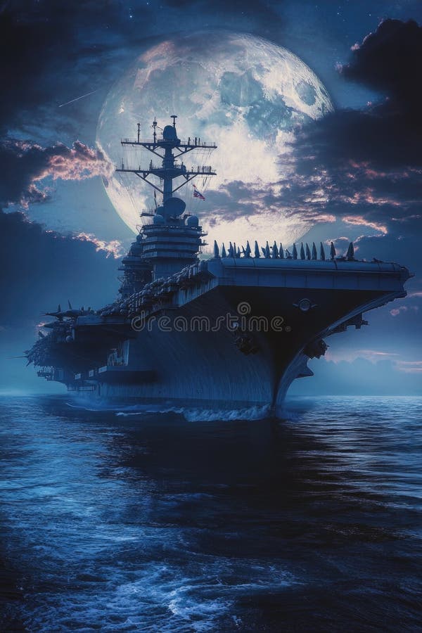 A Navy Ship Navigates through Calm Waters, Illuminated by a Bright Full ...