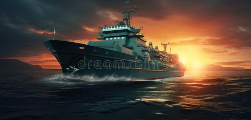 Navy Ship in the Ocean on a Sunset Stock Photo - Image of silhouette ...