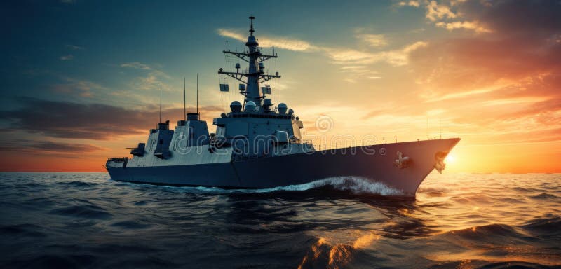 Navy Ship in the Ocean on a Sunset Stock Image - Image of nautical, journey: 304287275