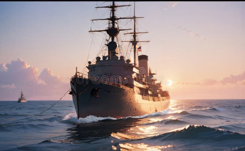 Navy Vessel Navigating through Calm Waters at Sunset with Vibrant Skies ...