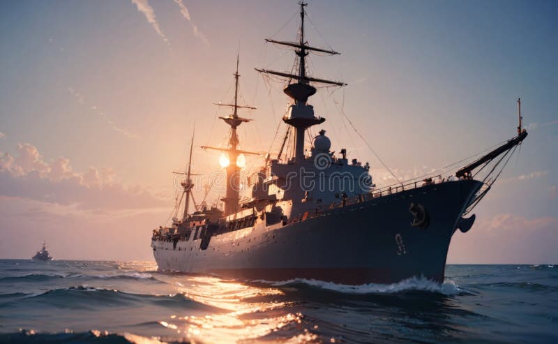 Navy Vessel Sailing at Sunset with Calm Ocean Waters and Distant Ship ...