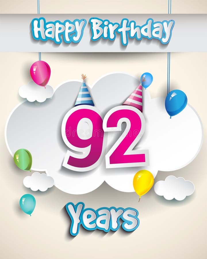 92nd Birthday Celebration Greeting Card Design, with Clouds and ...