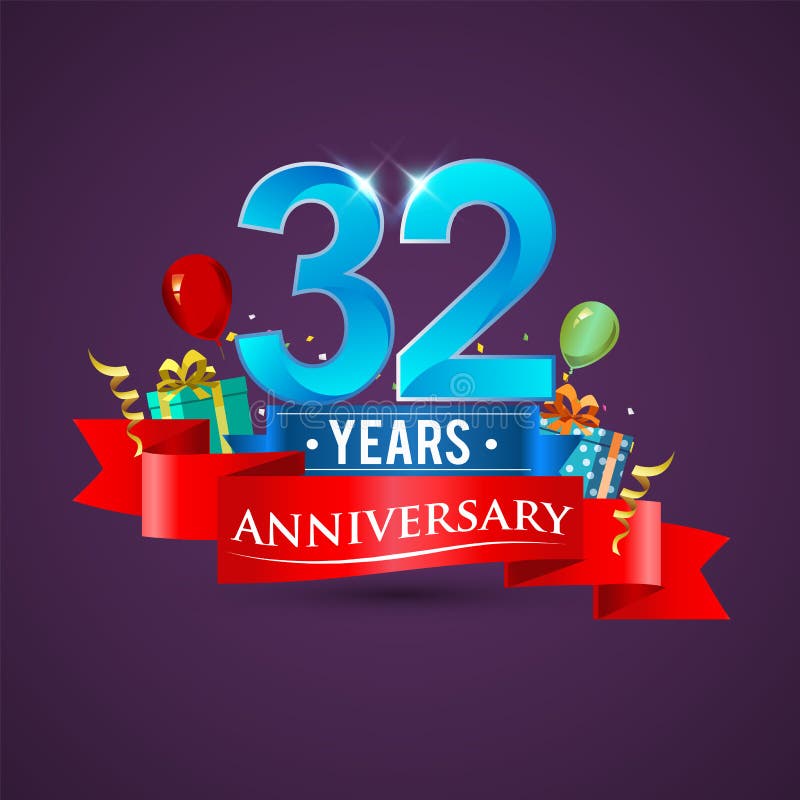 32nd Anniversary Celebration Logo, with Gift Box and Balloons, Red ...