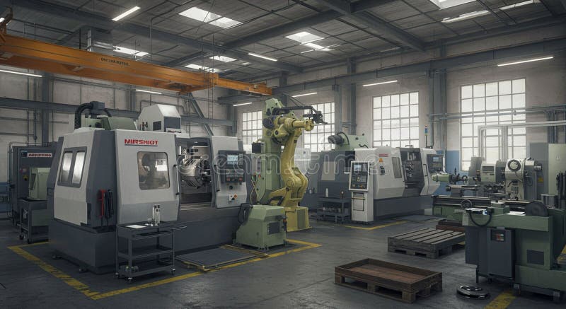 Ndustrial Workshop with Multiple CNC Machines and a Robotic Arm. the ...