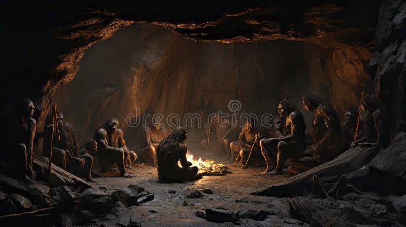 A Neanderthal in his cave stock illustration. Illustration of science ...