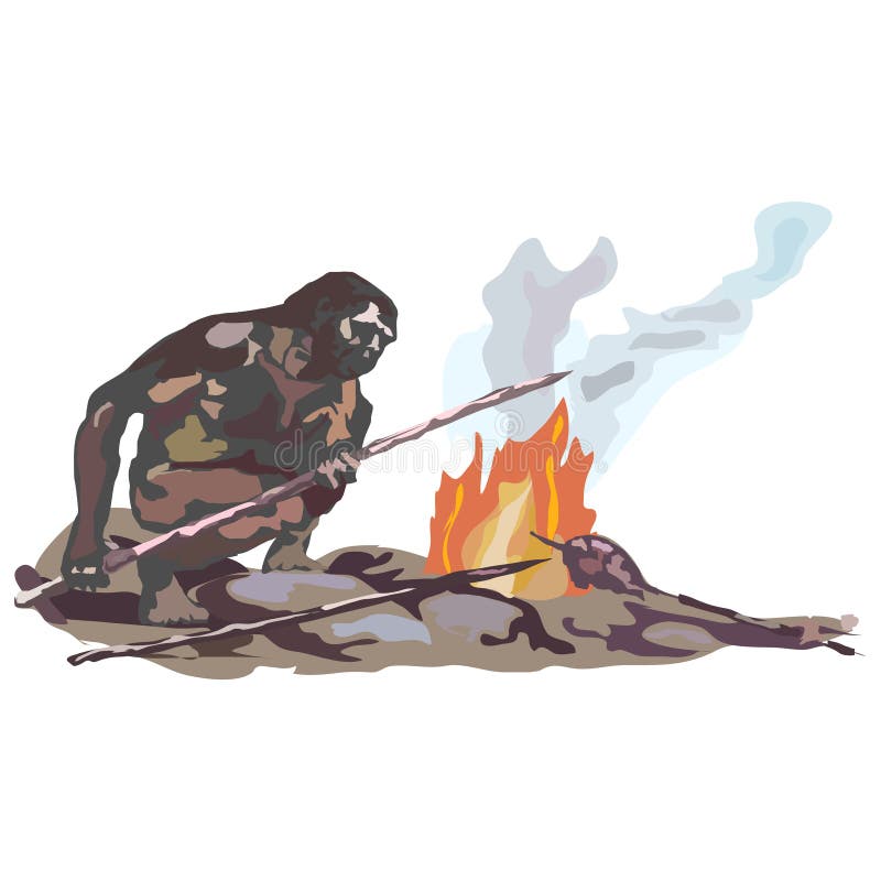 Neanderthals, Cavemen, Sitting on Stones by the, Smoking Fire, Holding ...