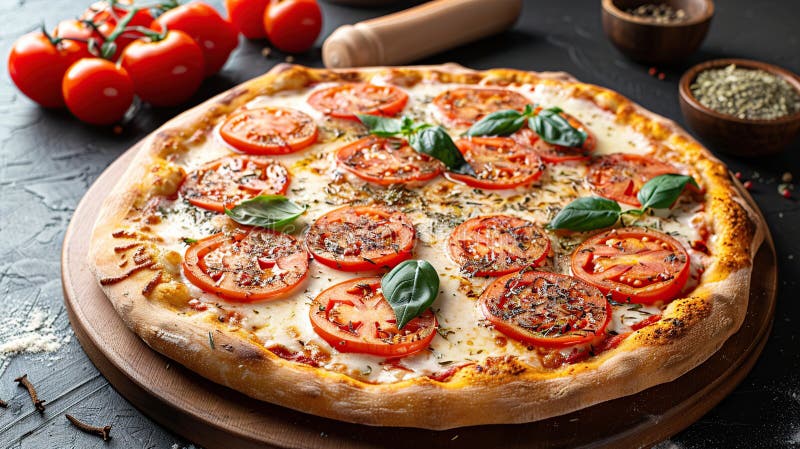 Neapolitan Pizza with Spices, Tomatoes and Cheese Mozzarella on Dark ...