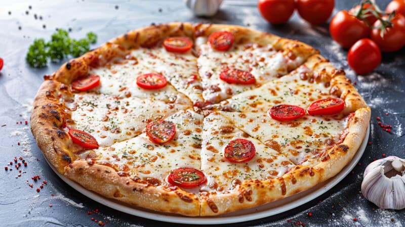 Neapolitan Pizza with Spices, Tomatoes and Cheese Mozzarella on Dark ...