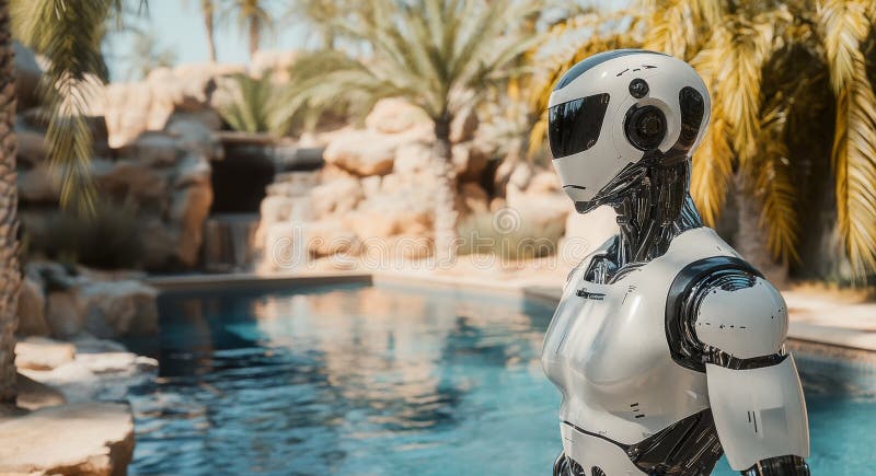 Near Ruins and Palm Trees, a Robot is Standing in a Tropical Oasis ...