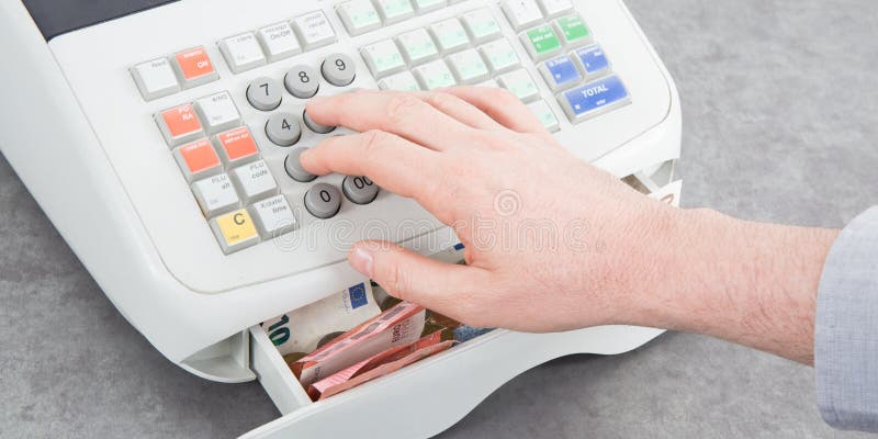 Empty Cash Register on Table from Top View with Man Hands Stock Photo ...