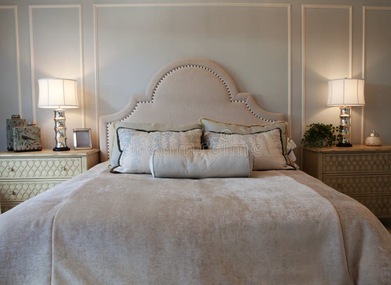 Neat Bedroom Interior in Gray and Brown Tones Stock Image - Image of ...