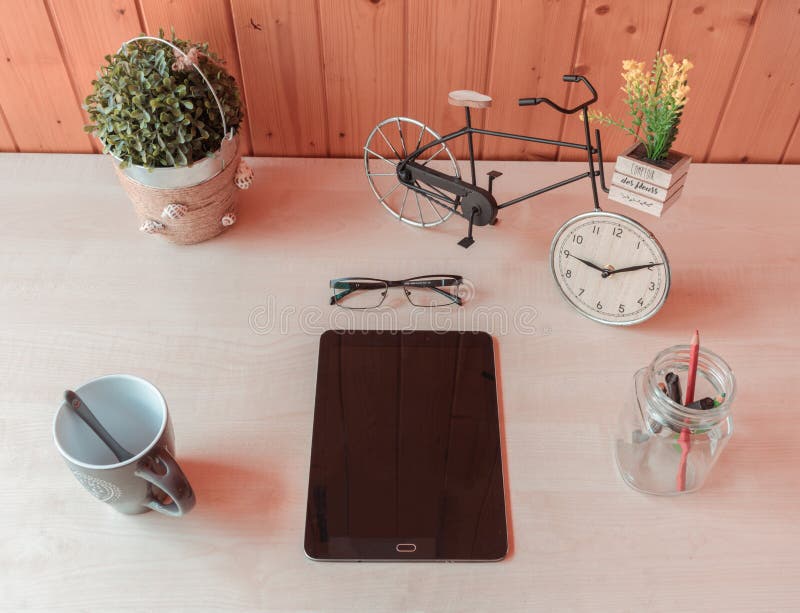 Neat desk ready to work. stock image. Image of home - 178770213