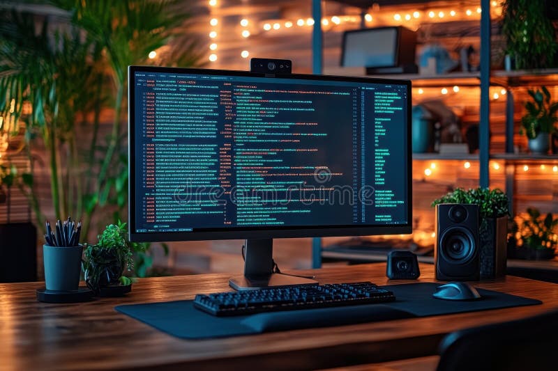 A Neat Home Office with a Computer Showing Code and Cozy Ambient ...