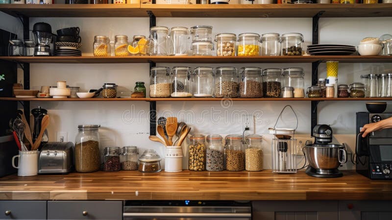 Neat Kitchen Counter Displaying Various Ingredients and Cooking ...