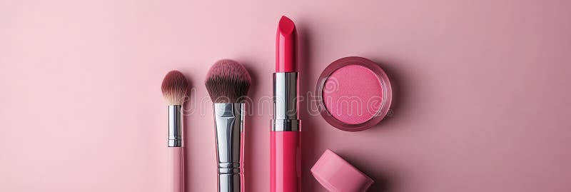 A Neat Layout of Makeup Essentials Features a Lipstick, Brushes, and ...