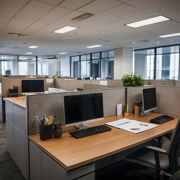 Neat Office Cubicle with Computer, Planner, and Folders, Surrounded by ...