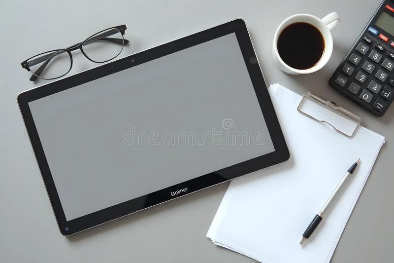 Neat Office Setup with a Blank Tablet Screen, Espresso, Calculator, and ...