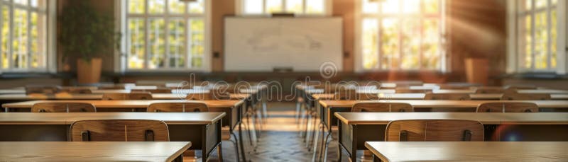Neat and Organized Classroom with Warm Lighting, Empty Desks and Chairs ...