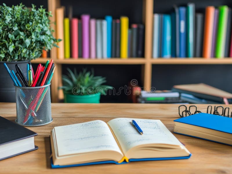 A Neat and Organized Office Desk with Books, Plants, and Stationery ...