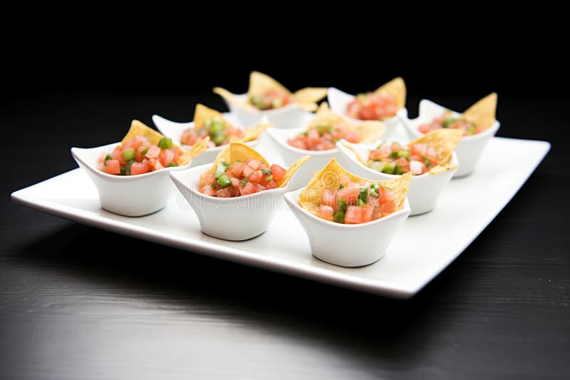 A Neat Row of Chips with Salsa Dollops on Top, Clean White Platter ...