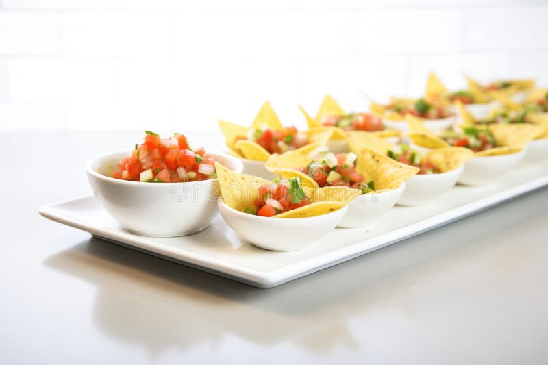 A Neat Row of Chips with Salsa Dollops on Top, Clean White Platter ...