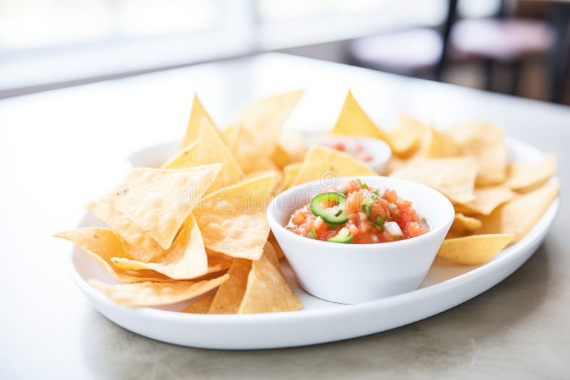 A Neat Row of Chips with Salsa Dollops on Top, Clean White Platter ...