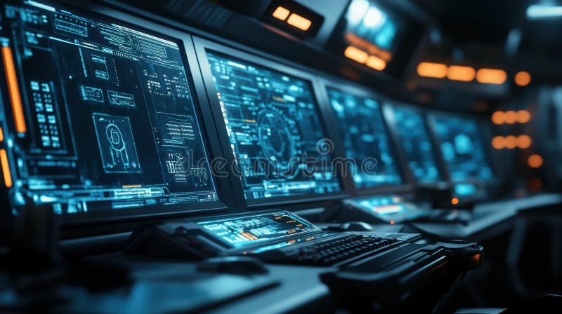 A Neat Row of Computer Monitors is Sitting Atop a Table Surface Stock ...