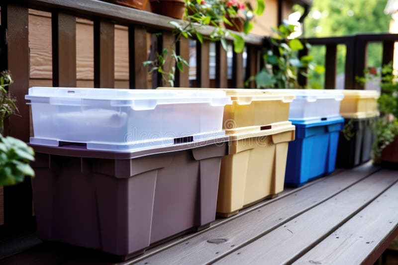 A Neat Row of Plastic Storage Boxes on a Patio Stock Illustration ...