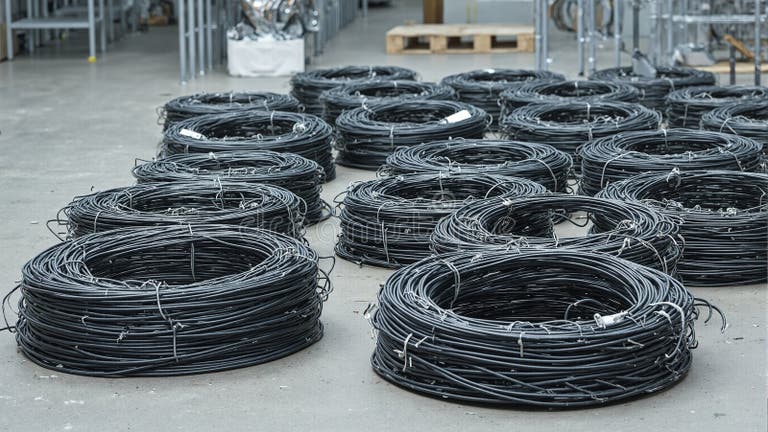 Neat Rows of Coiled Electrical Cables in a Warehouse with Metallic ...