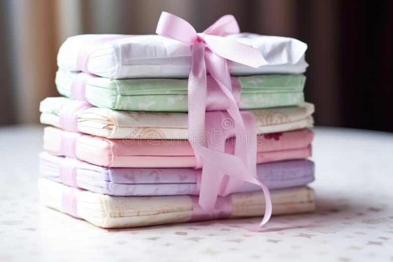 A Neat Stack of Baby Diapers with a Gift Ribbon Stock Image - Image of ...