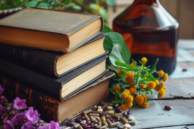 A Neat Stack of Books Placed on a Sturdy Wooden Table, Various Holistic ...