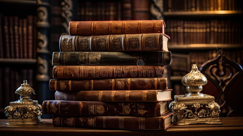 Stack of Books on Wooden Table Stock Illustration - Illustration of ...