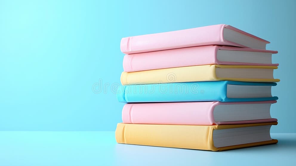 Stack of Pastel Colored Books Forming a Tower on Blue Background Stock ...