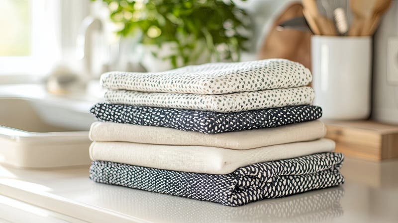 A Neat Stack of Folded Kitchen Towels with Subtle Patterns, Arranged on ...