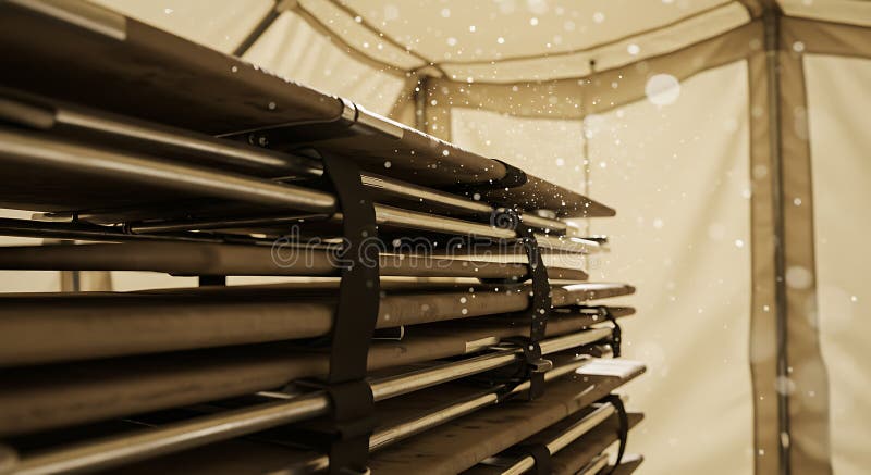 Stacked Folding Cots Inside Tent with Bokeh Dust Effect Stock ...