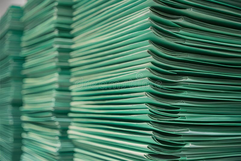 Neat Stack of Green Papers with Curled Edges, Blurred Background Stock ...
