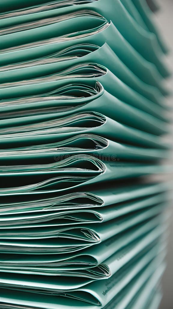 Neat Stack of Green Papers with Curled Edges, Blurred Background Stock ...