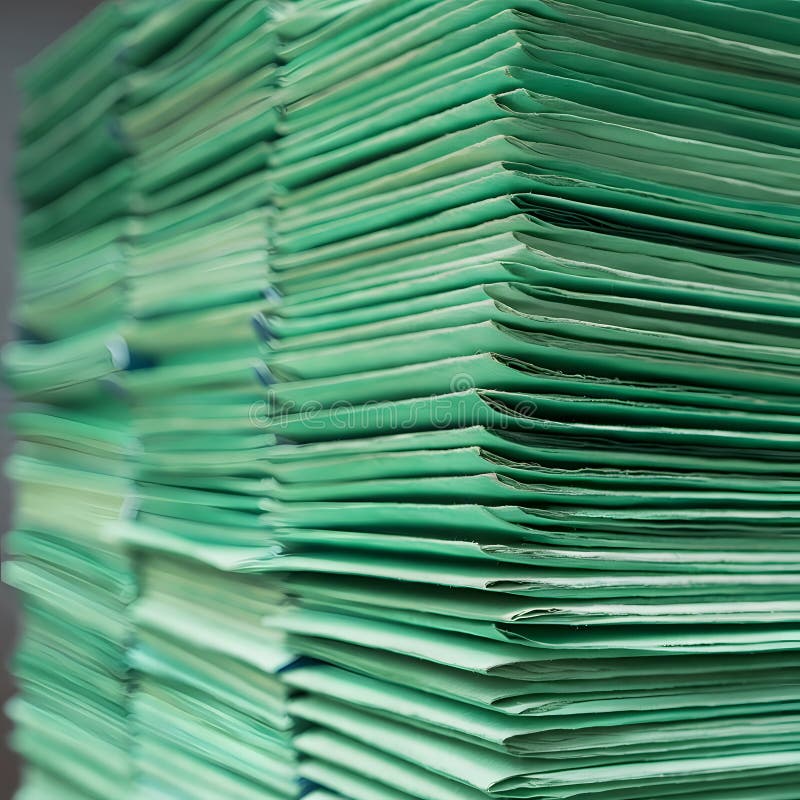 Neat Stack of Green Papers with Curled Edges, Blurred Background Stock ...