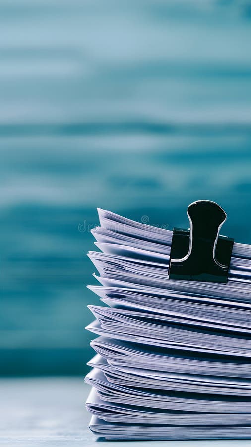 Neat Stack of Papers with Black Clip on Blue Background, Exuding ...