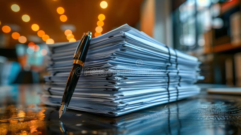 Stack of Papers with Pen stock photo. Image of stationary - 312446938
