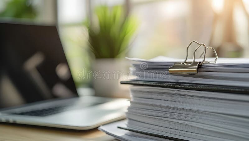 A Neat Stack of Papers is Sitting on a Desk Right Next To a Laptop ...