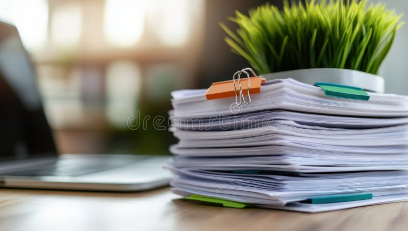 A Neat Stack of Papers is Sitting on a Desk Right Next To a Laptop ...