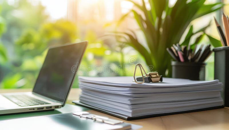 A Neat Stack of Papers is Sitting on a Desk Right Next To a Laptop ...
